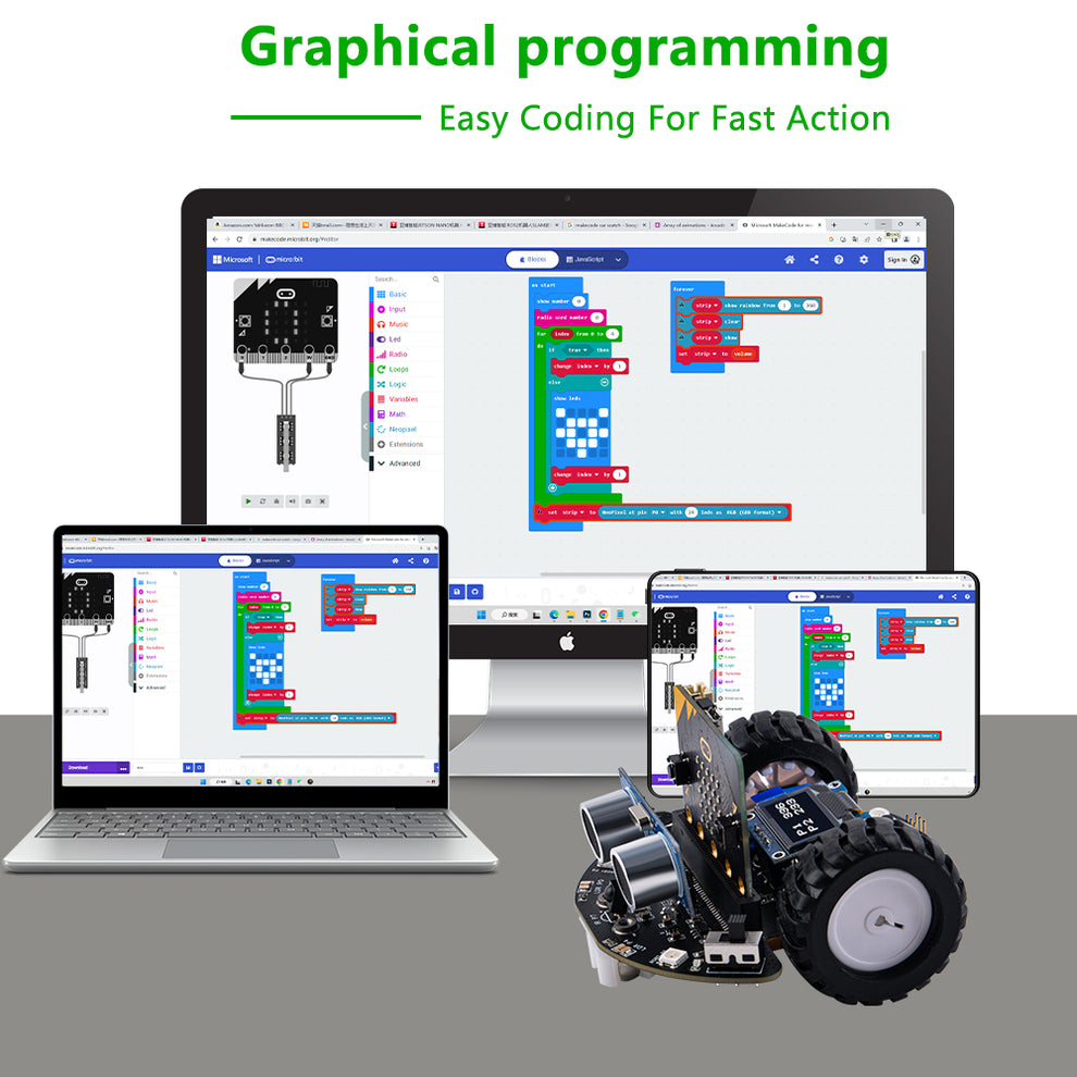 DeskPi MicroCar Compatible with Micro Bit V2, DIY Coding Robot Car Kit ...