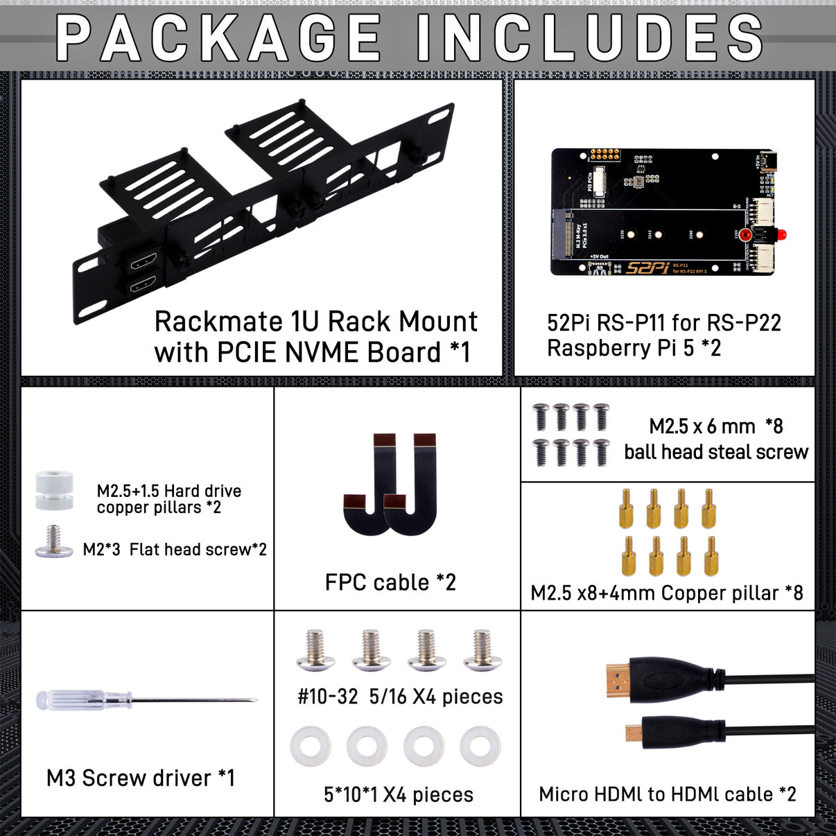 DeskPi Rackmate 10-inch 1U Rack Mount with 2 PCIE NVME Boards for Rasp ...