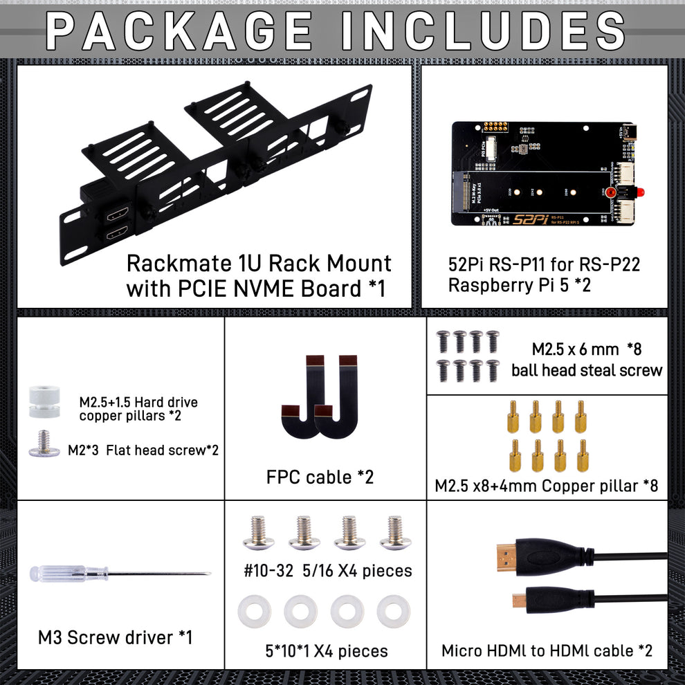 DeskPi Rackmate 10-inch 1U Rack Mount with 2 PCIE NVME Boards for Rasp ...
