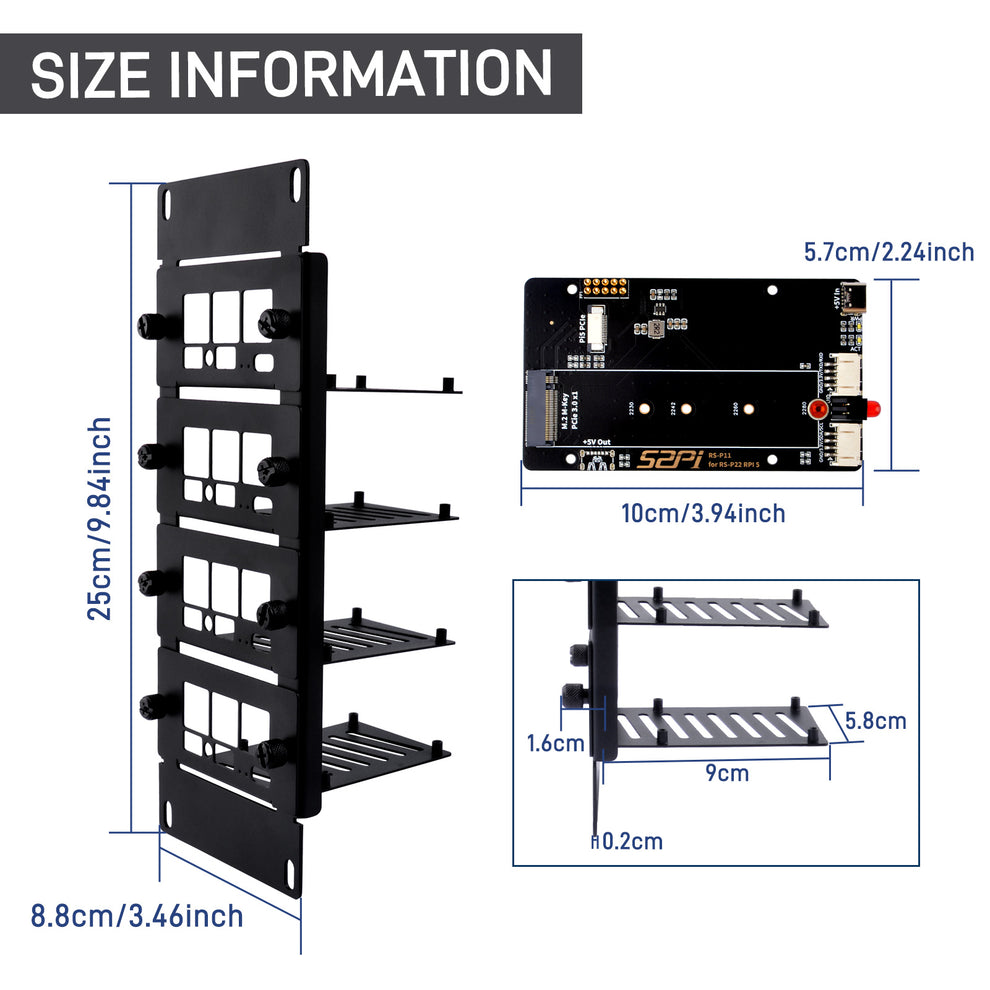 DeskPi Rackmate 10 inch 2U Rack Mount with 4 PCIE NVME Boards for Rasp ...