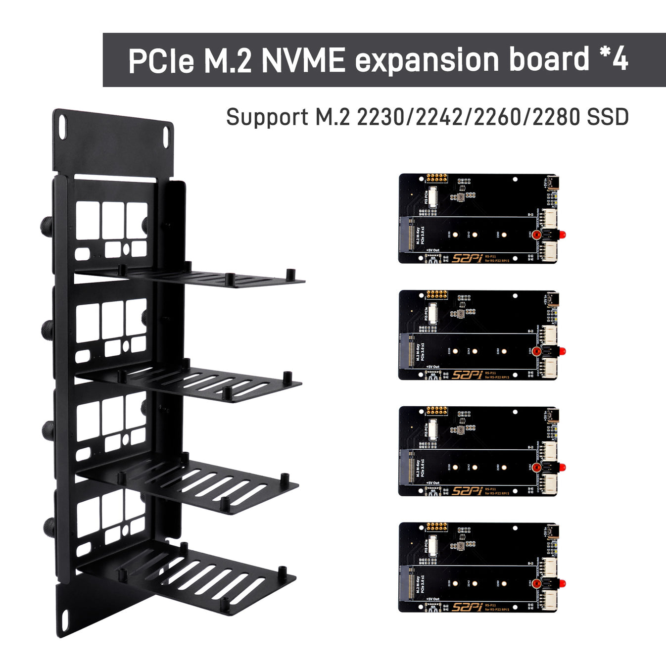 DeskPi Rackmate 10 inch 2U Rack Mount with 4 PCIE NVME Boards for Rasp ...