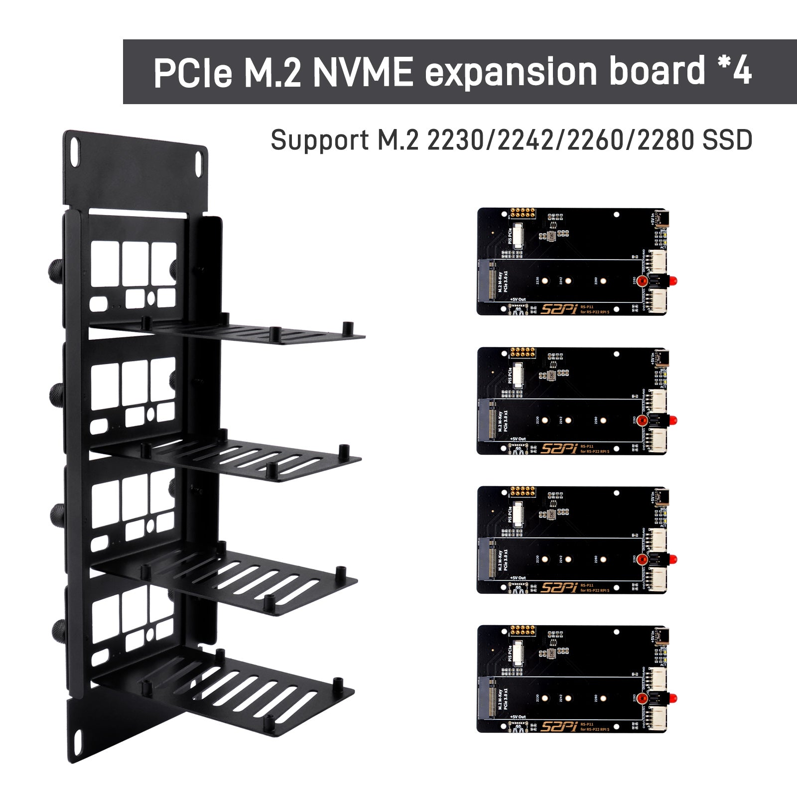 DeskPi Rackmate 10 inch 2U Rack Mount with 4 PCIE NVME Boards for Rasp ...
