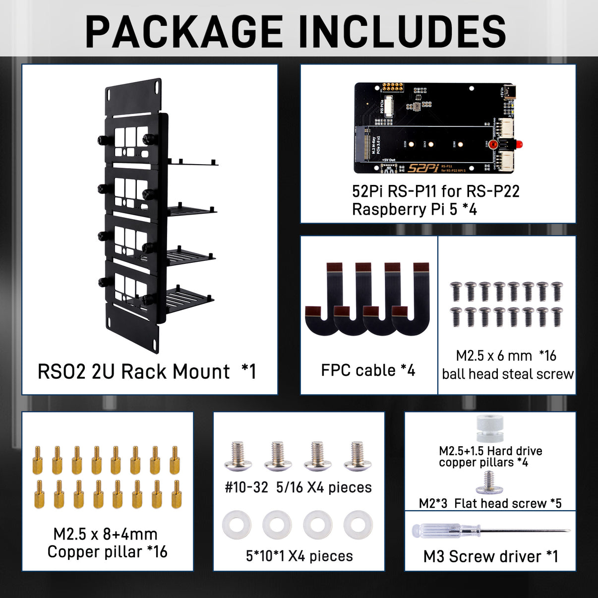 DeskPi Rackmate 10 inch 2U Rack Mount with 4 PCIE NVME Boards for Rasp ...