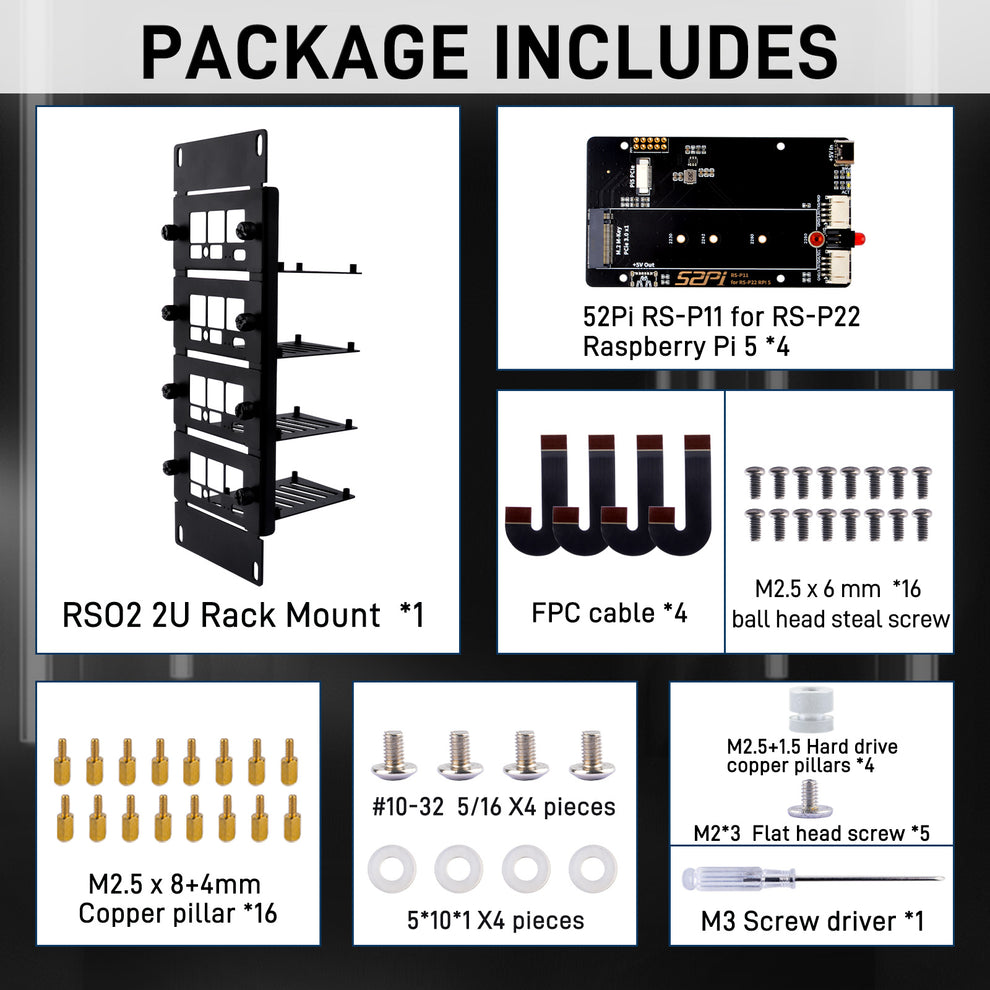 DeskPi Rackmate 10 inch 2U Rack Mount with 4 PCIE NVME Boards for Rasp ...